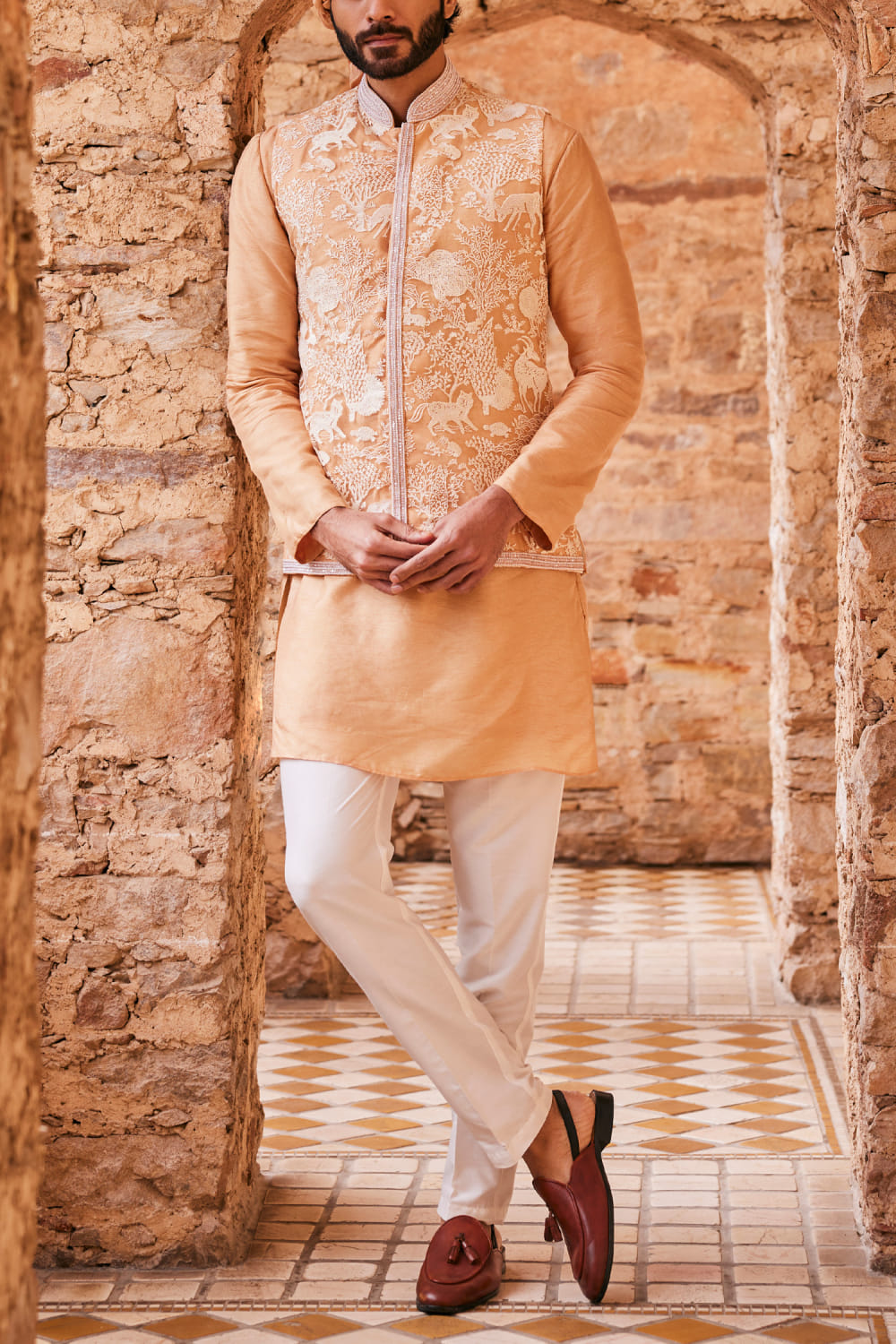 Buy Beige motif embroidery bandi kurta set by The Royaleum Atelier at ...