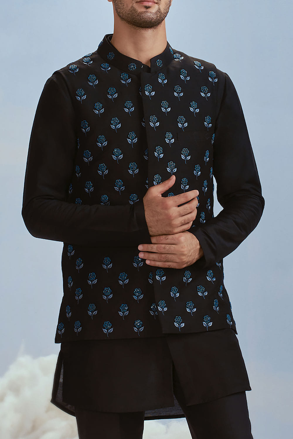 Buy Black floral embroidery bandi and kurta set by Nachiket Barve at ...