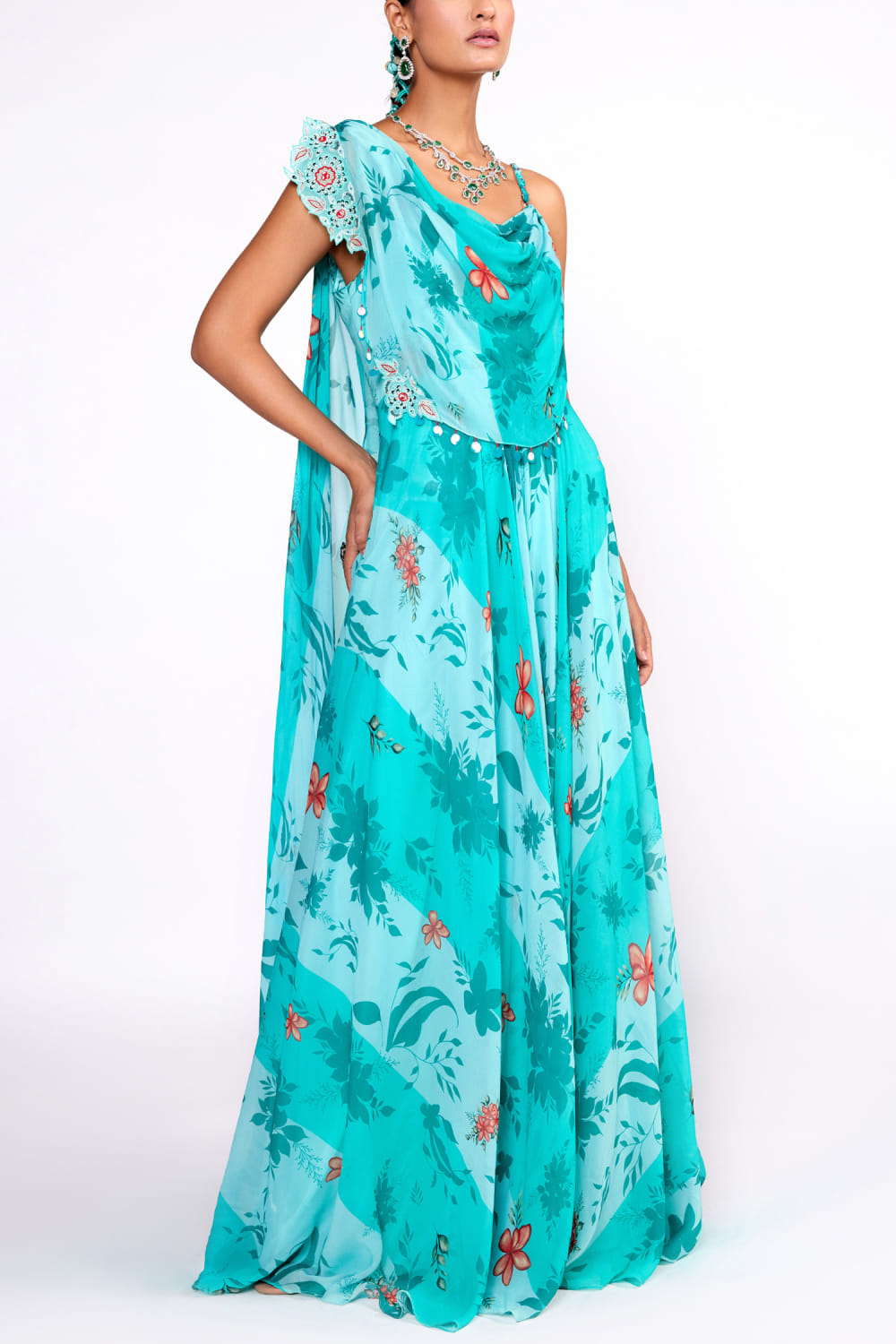 Buy Green floral print draped jumpsuit by Isha Gupta Tayal at Aashni and Co