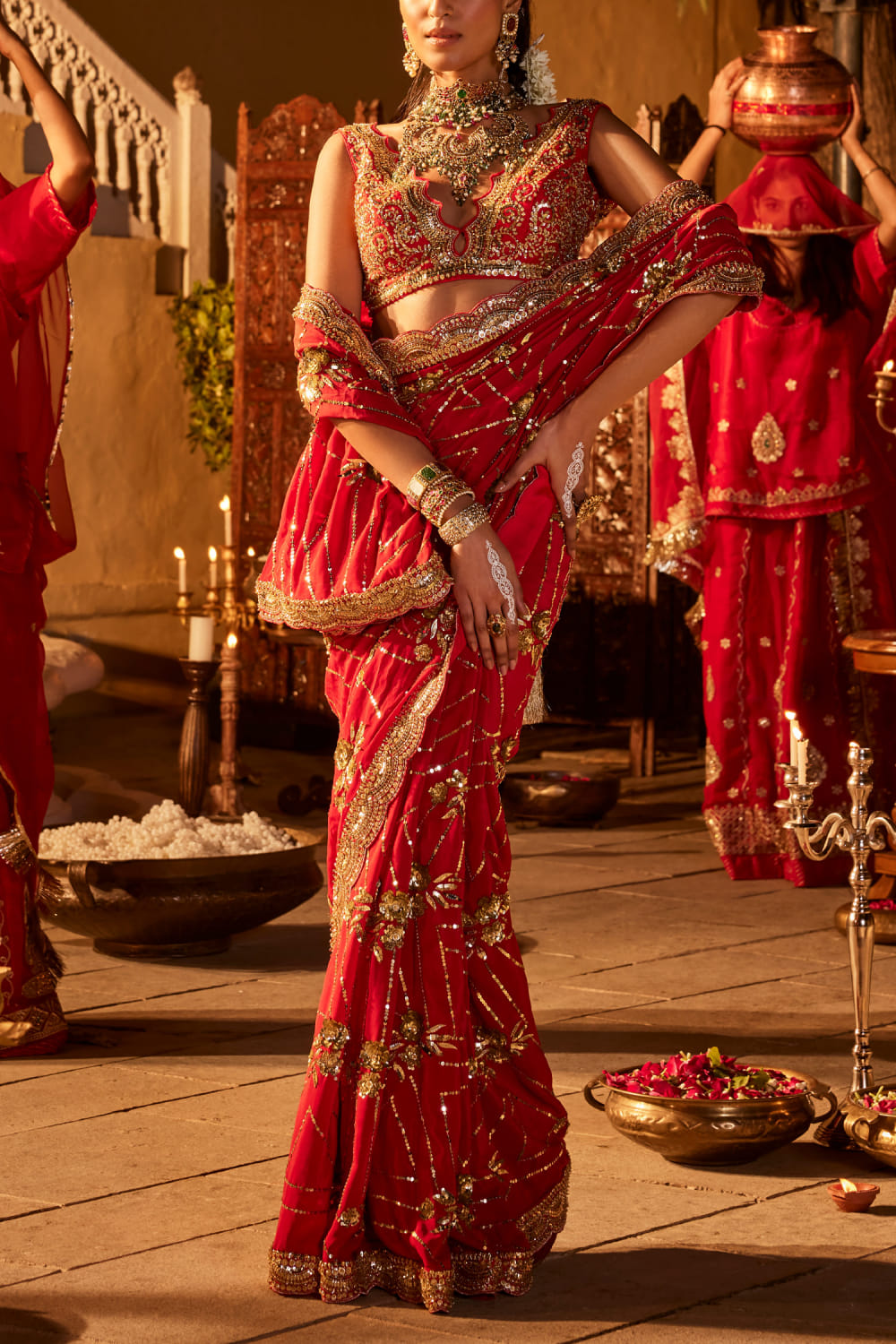 Buy Red embellished sari set by The Royaleum Atelier at Aashni and Co