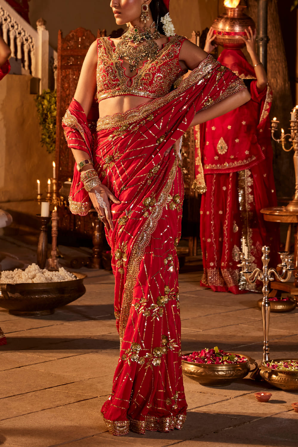 Buy Red embellished sari set by The Royaleum Atelier at Aashni and Co