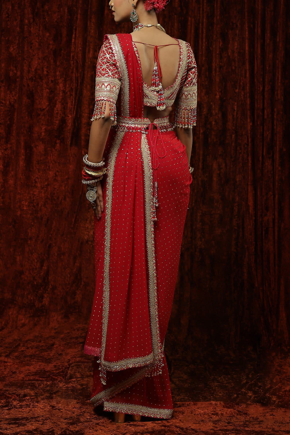Buy Crimson red kasab and badla embroidery saree set by Shikhar Sharma ...