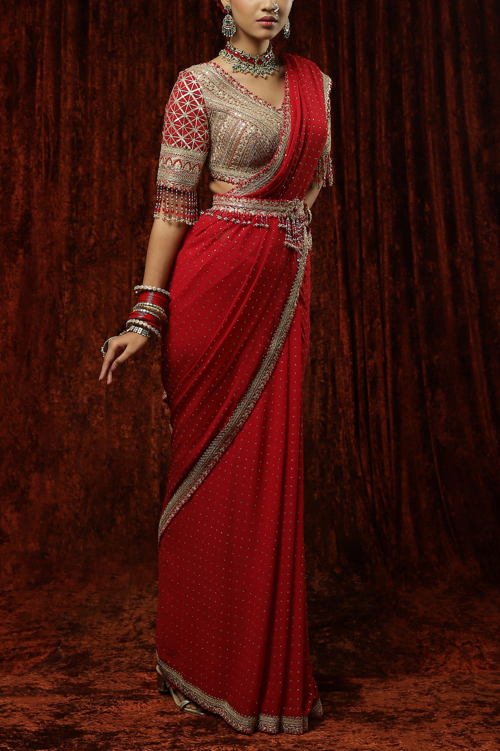 Buy Crimson red kasab and badla embroidery saree set by Shikhar Sharma ...