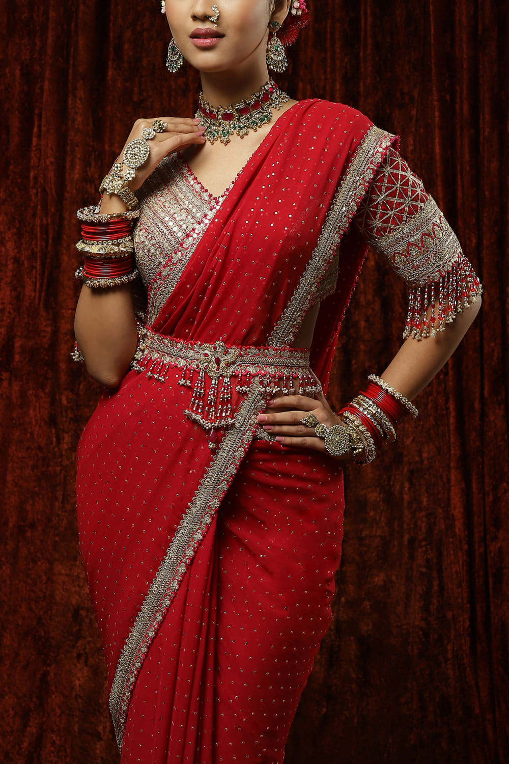 Buy Crimson red kasab and badla embroidery saree set by Shikhar Sharma ...