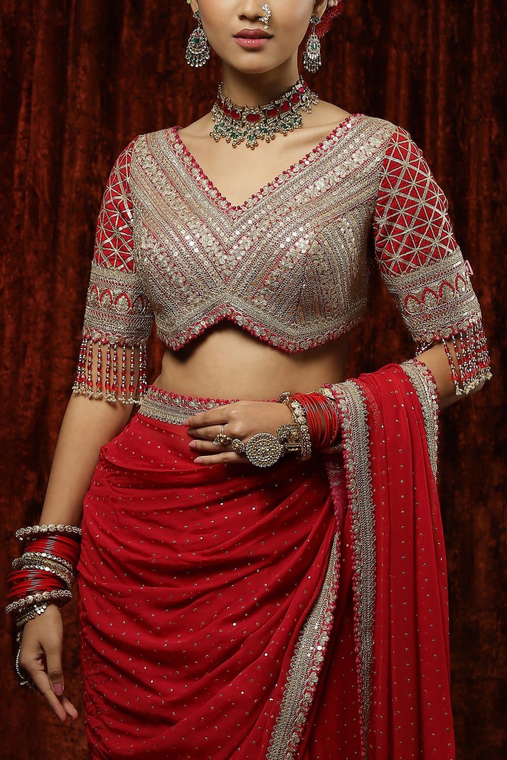 Buy Crimson red kasab and badla embroidery saree set by Shikhar Sharma ...