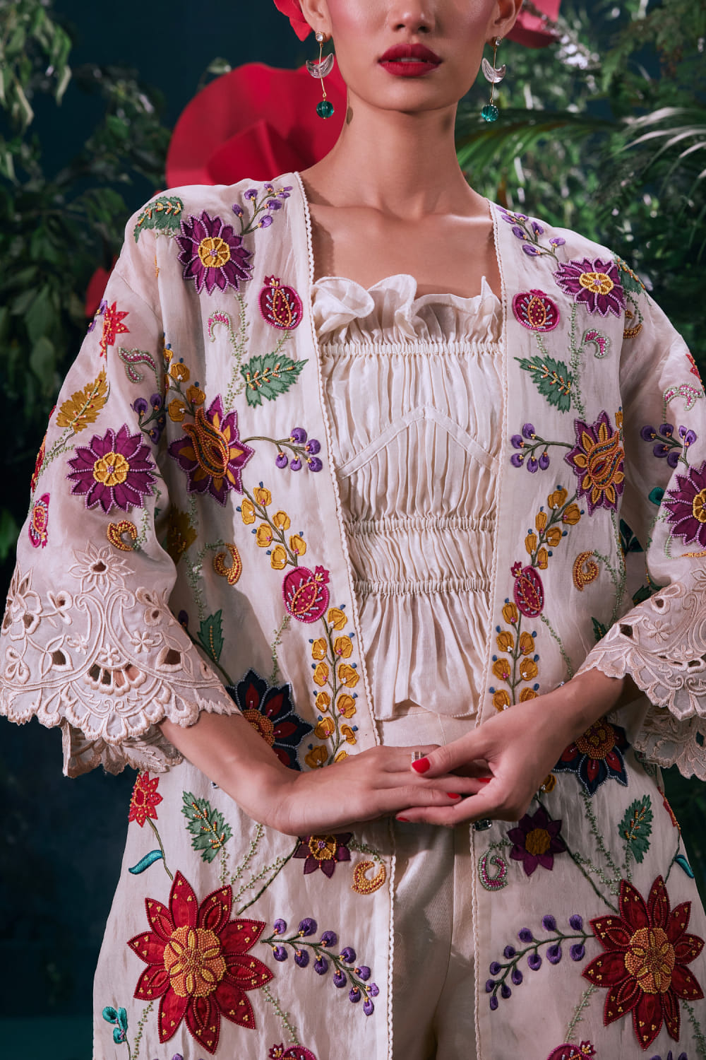 Buy Ivory floral embroidery long jacket by Chandrima at Aashni and Co