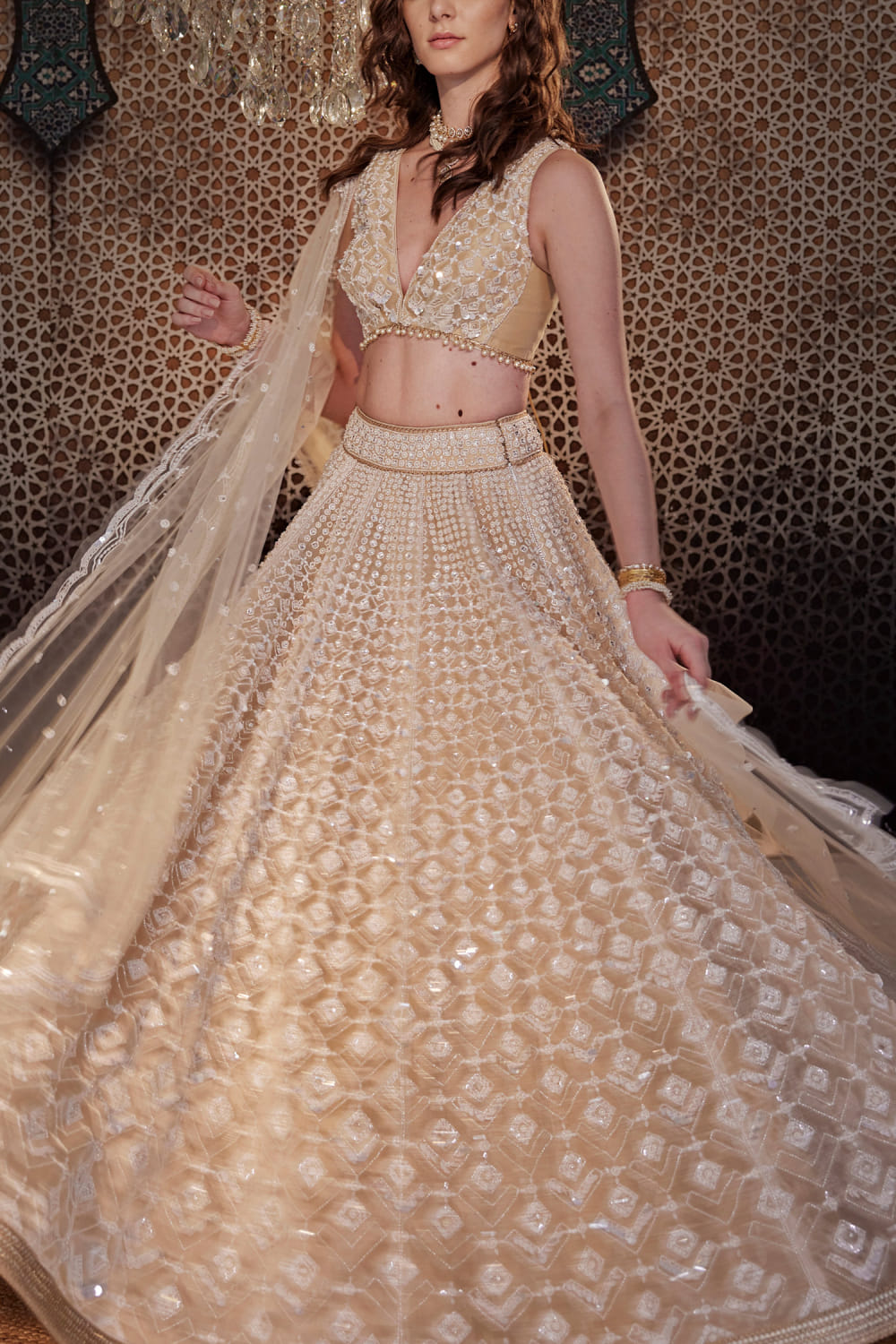 Buy Ivory geometric sequin embroidery lehenga set by Cedar & Pine at ...