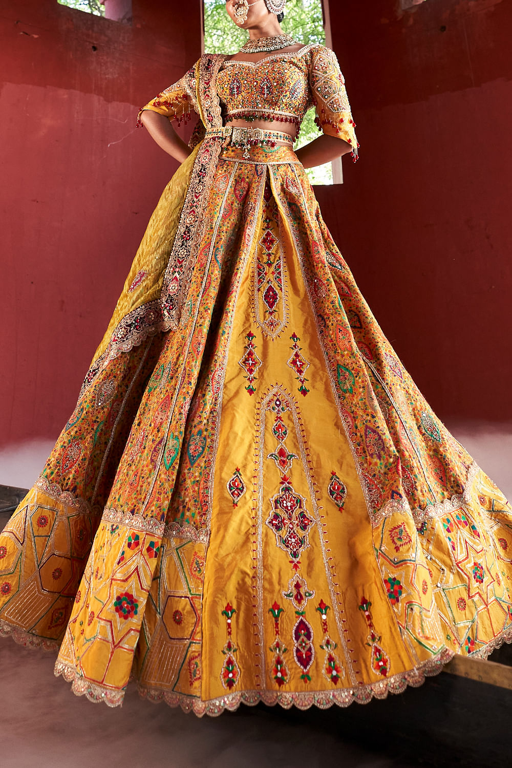 Buy Mustard Yellow Jamawar Lehenga Set By Aditi Gupta At Aashni And Co