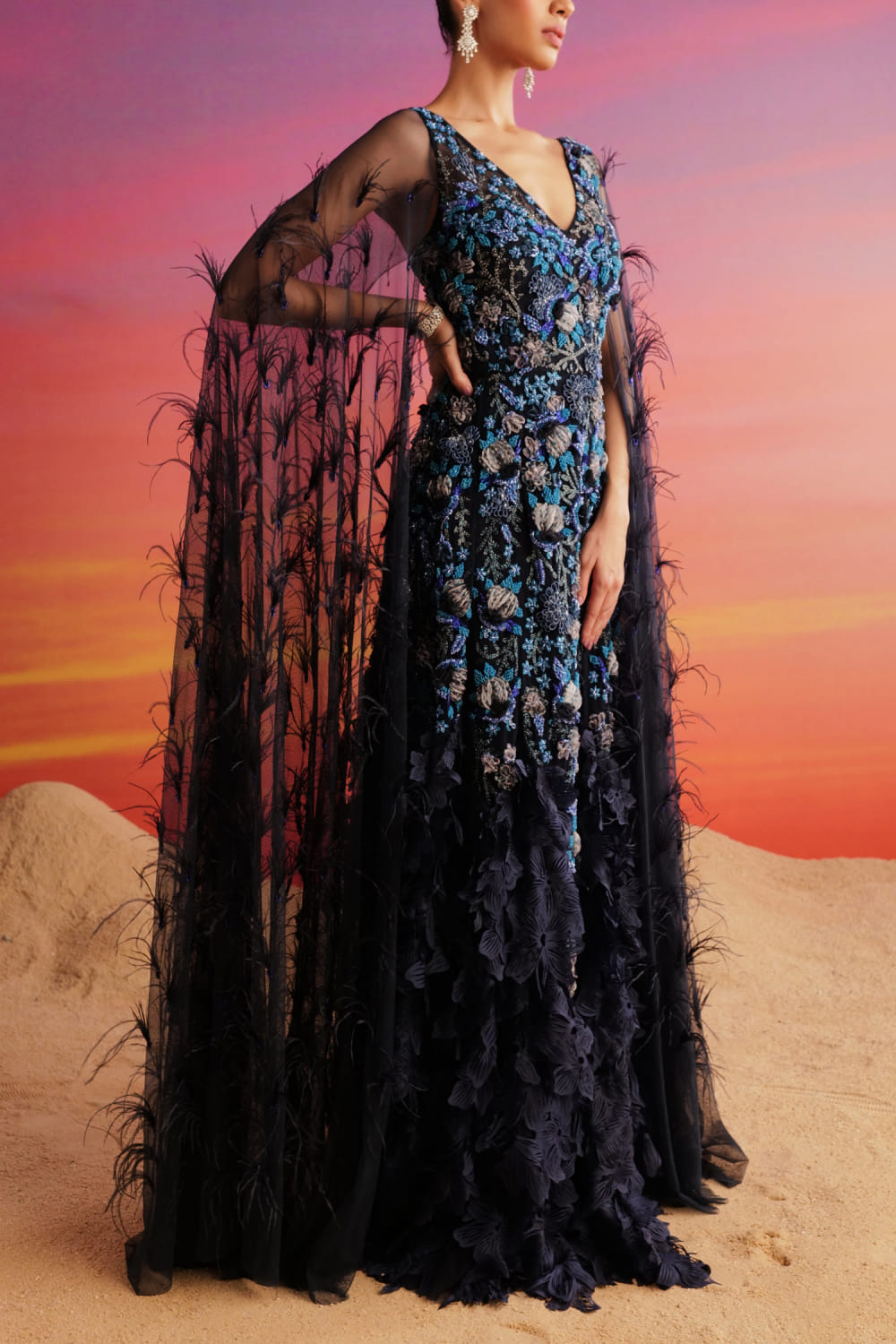 Buy Navy blue floral embroidered gown by Not So Serious by Pallavi ...