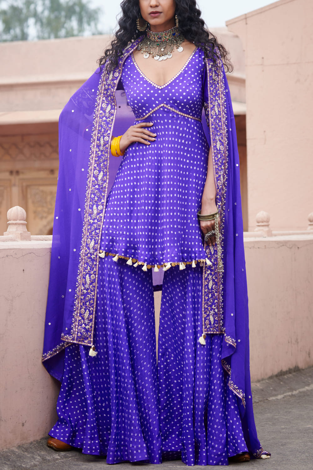 Buy Purple bandhani print sharara set by Pink City by Sarika at Aashni ...