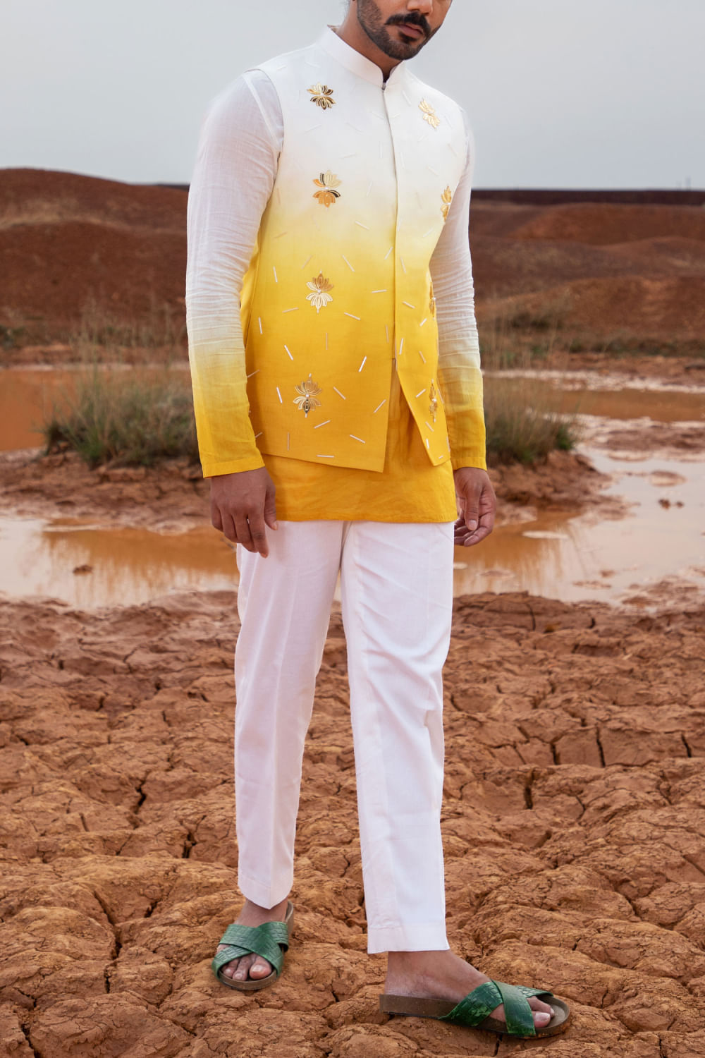 Buy Yellow ombre embroidered bandi kurta set by Runit Gupta at Aashni ...